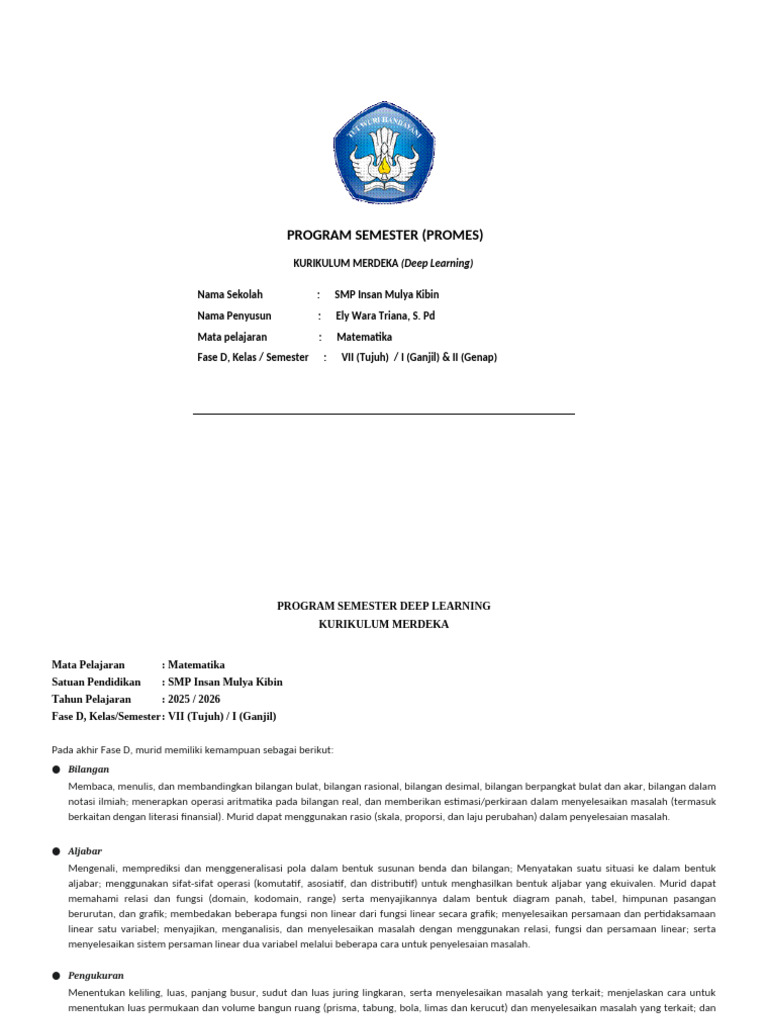 Promes Matematika SMP Insan Mulya | PDF