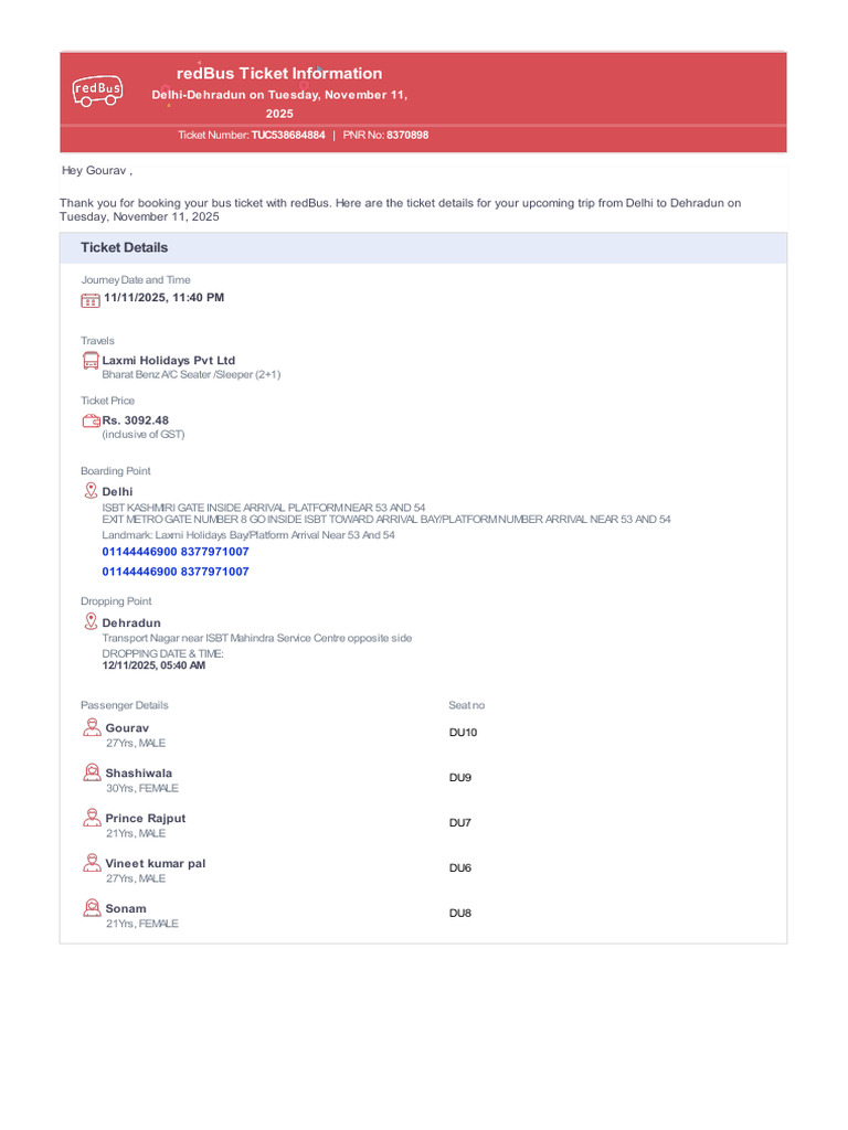 Redbus Ticket Information | PDF