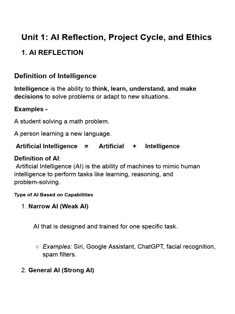 Unit 1 - AI Reflection, Project Cycle, and Ethics | PDF | Artificial ...