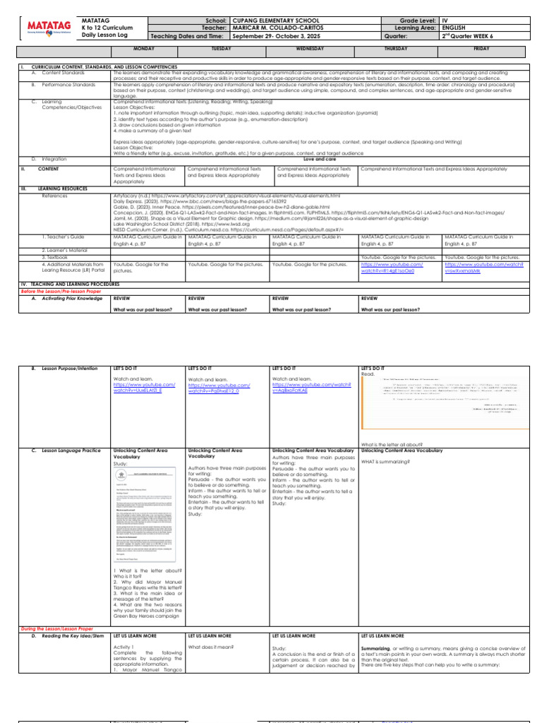 DLL English G4 Q2 W6 | PDF | Reading Comprehension | Meteoroid