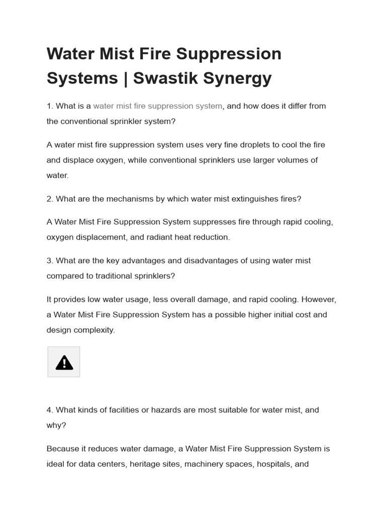 Water Mist Fire Suppression Systems - Swastik Synergy | PDF