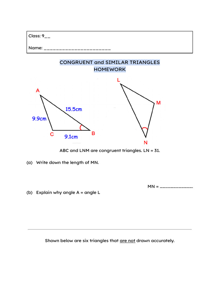 Congruent and Similar Triangles Homework: Class: 9 - Name | PDF