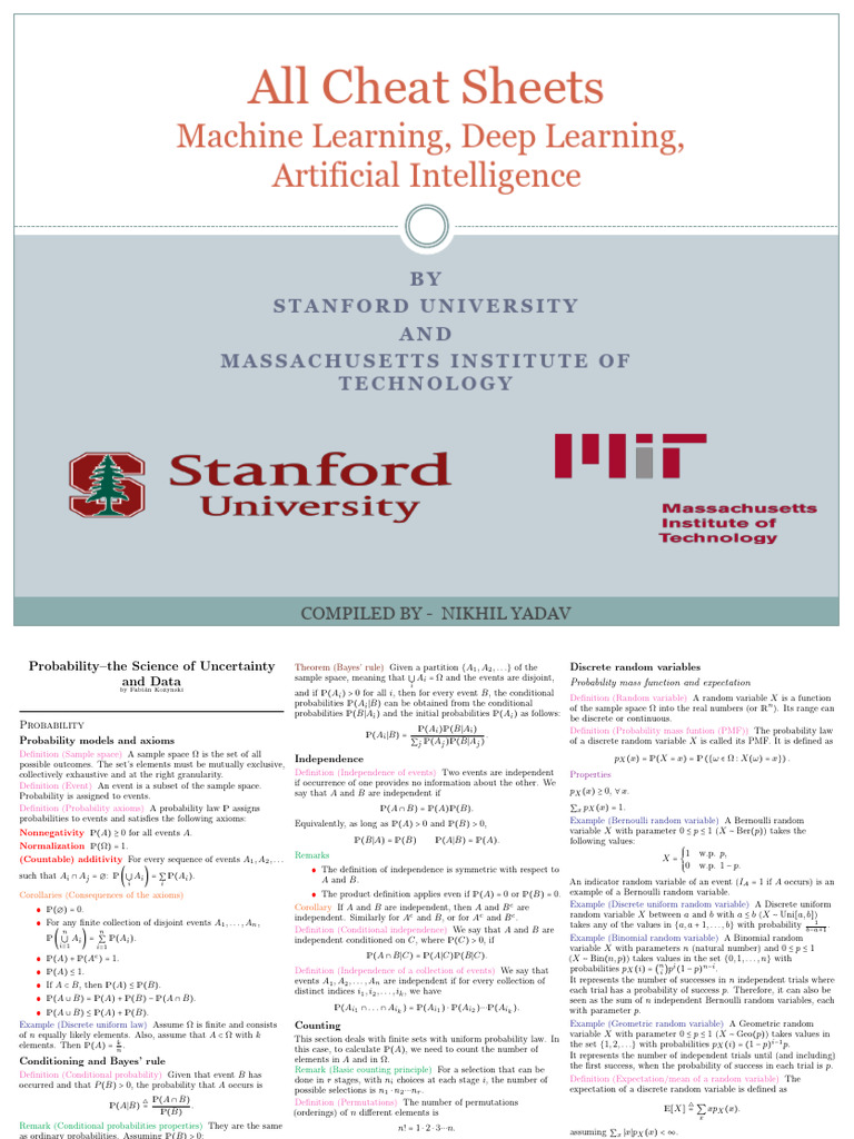 Stanford and MIT Cheatsheet | PDF | Variance | Probability Distribution