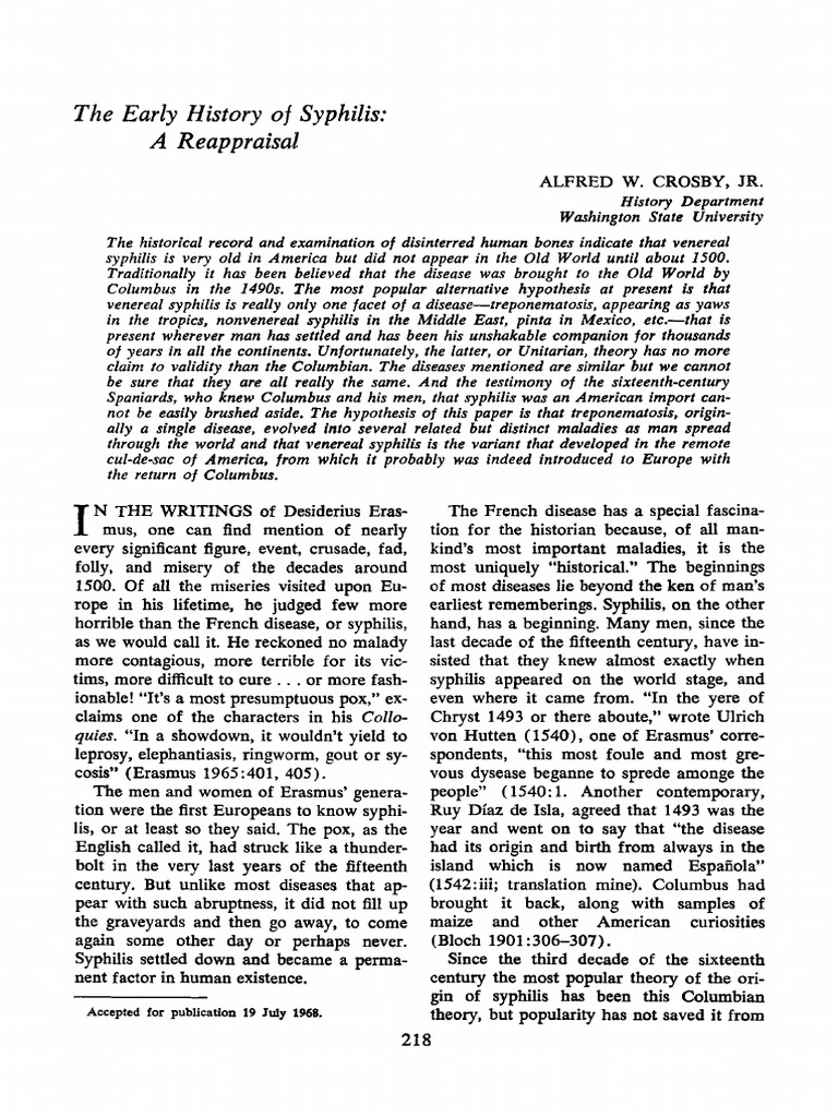 The Early History of Syphilis - A Reappraisal by ALFRED W. CROSBY JR ...