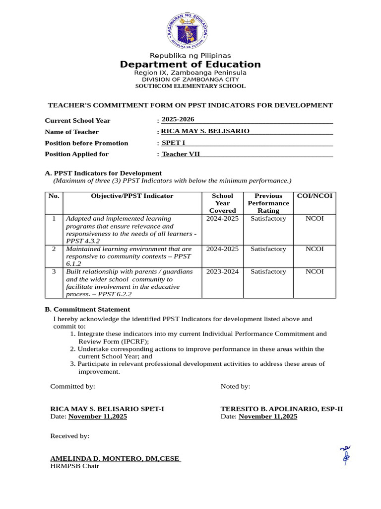 Teacher Commitment Form for PPST Indicators | PDF | Learning | Behavior ...
