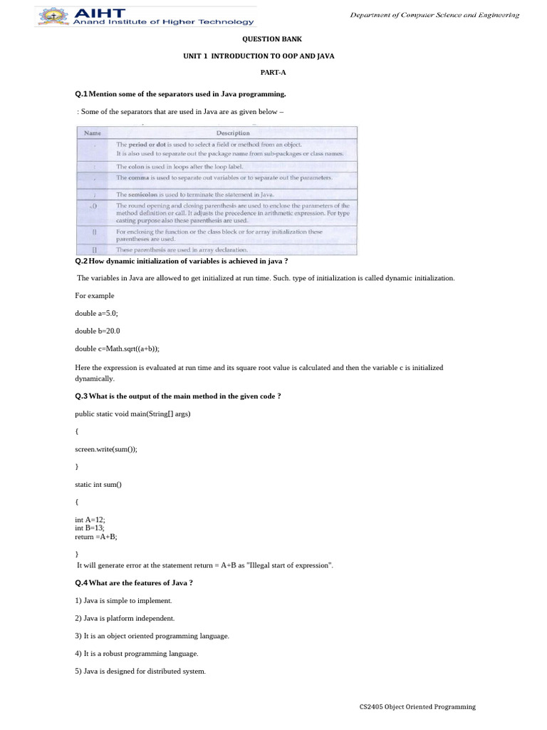 QUESTION BANK CS2405 Object Oriented Programming - ODD SEM 2025docx | PDF | Class (Computer ...