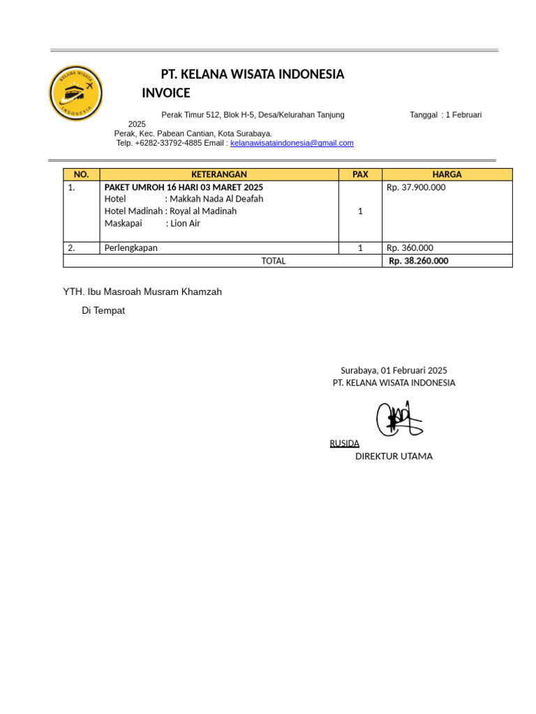 Invoice Paket Umroh 16 Hari 2025 | PDF