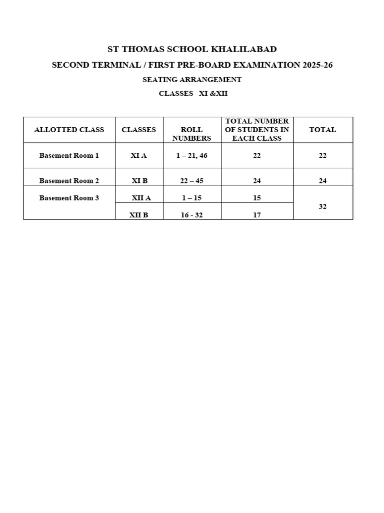 Seating Plan - Class XI - XII | PDF