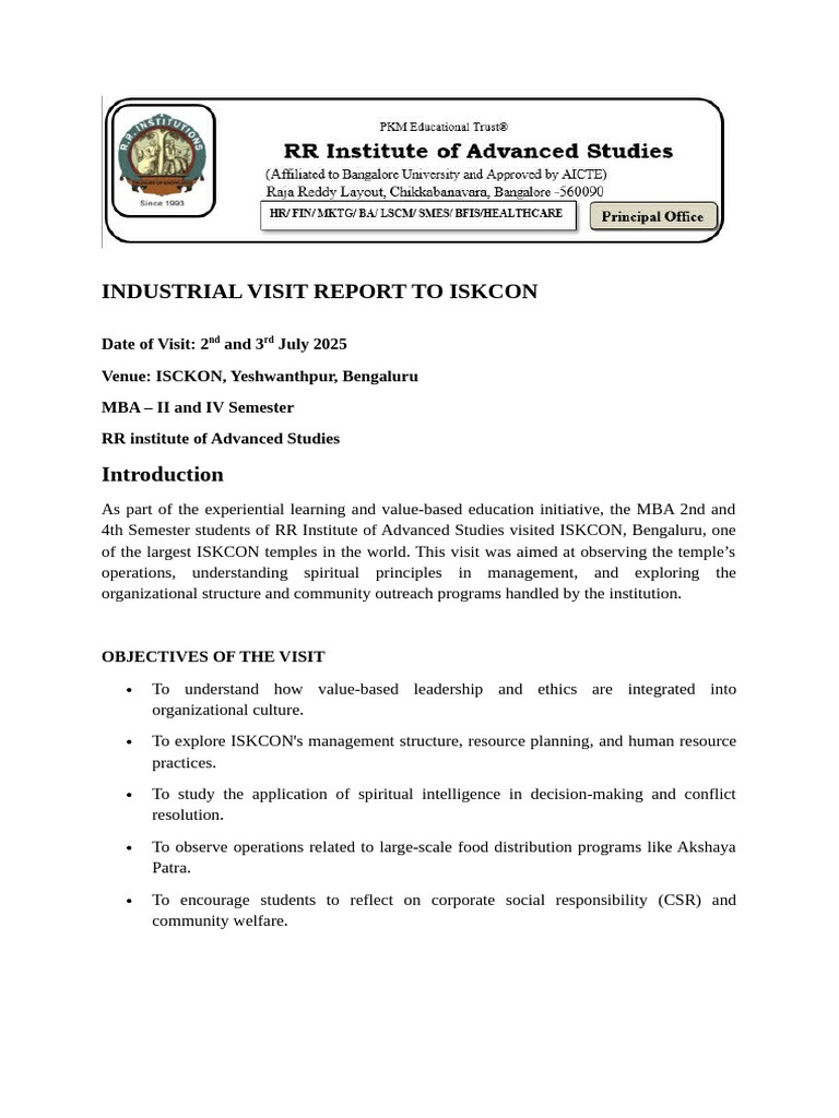 Industrial Visit Report To Iskcon | PDF | Corporate Social ...