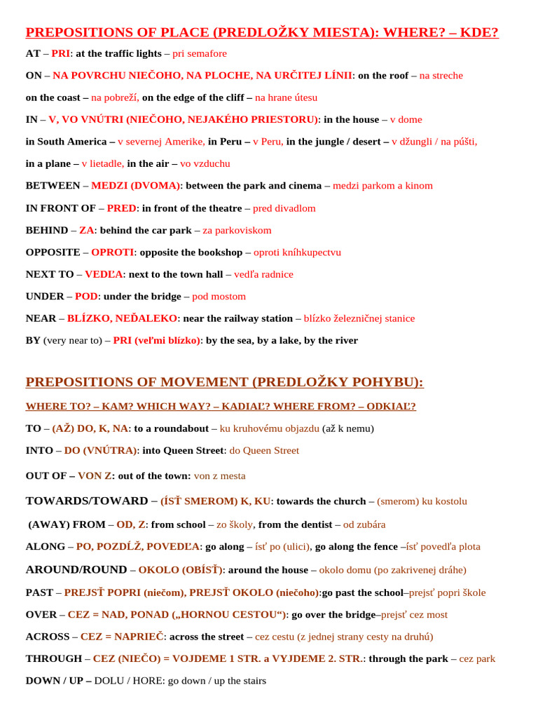 II.B - Prepositions of Movement and Place (1) | PDF