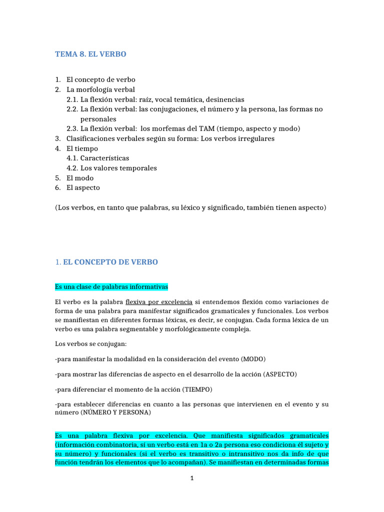 Tema 8. EL VERBO | PDF | Verbo | Conjugación gramatical