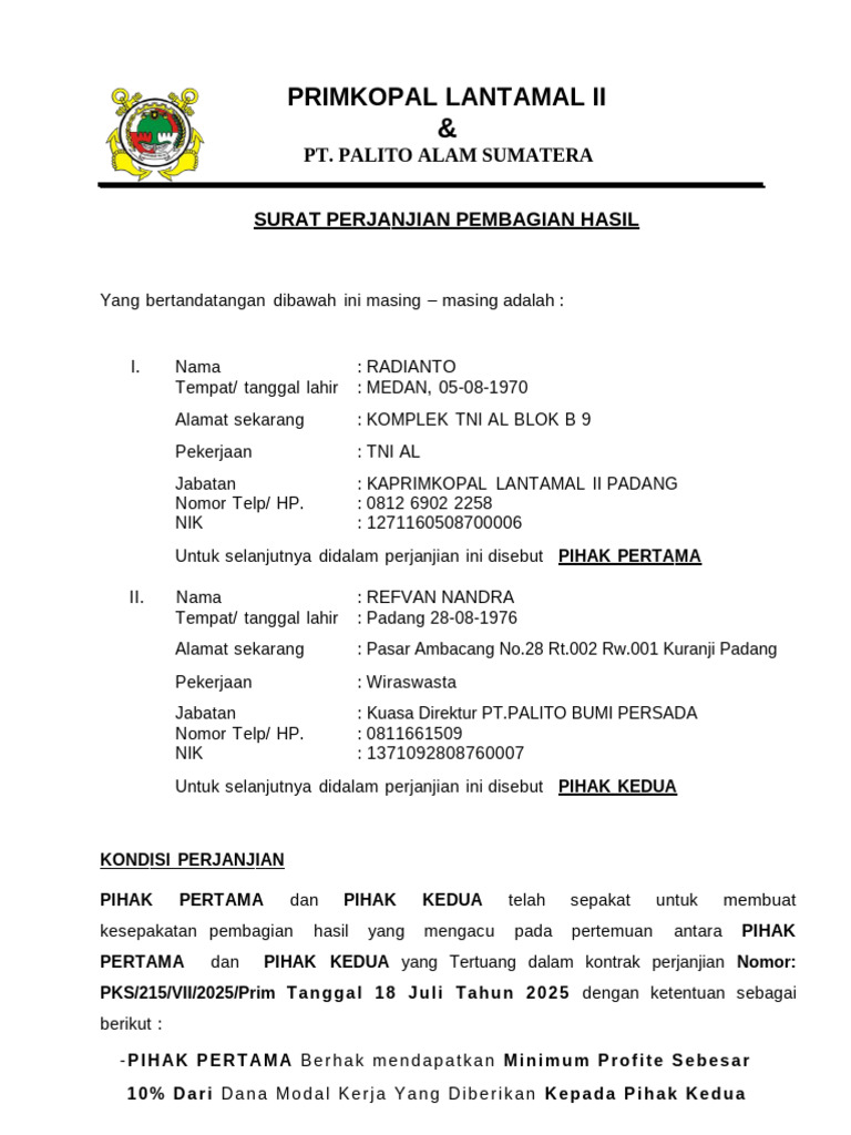 Perjanjian Pembagian Hasil Primkopal Lantamal II | PDF