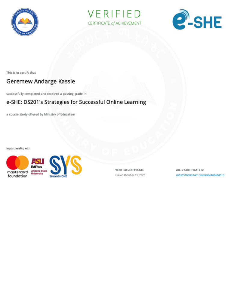 E-SHE DS201 Certificate - Hawassa University | PDF