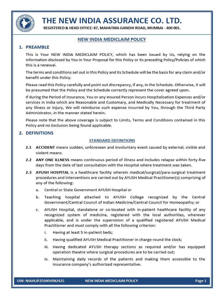 Policy Clause - New India Mediclaim Policy | PDF | Intensive Care Unit ...