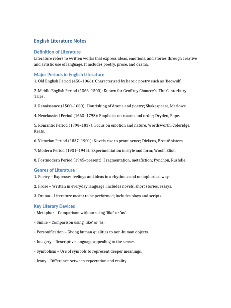 English Literature Notes | PDF