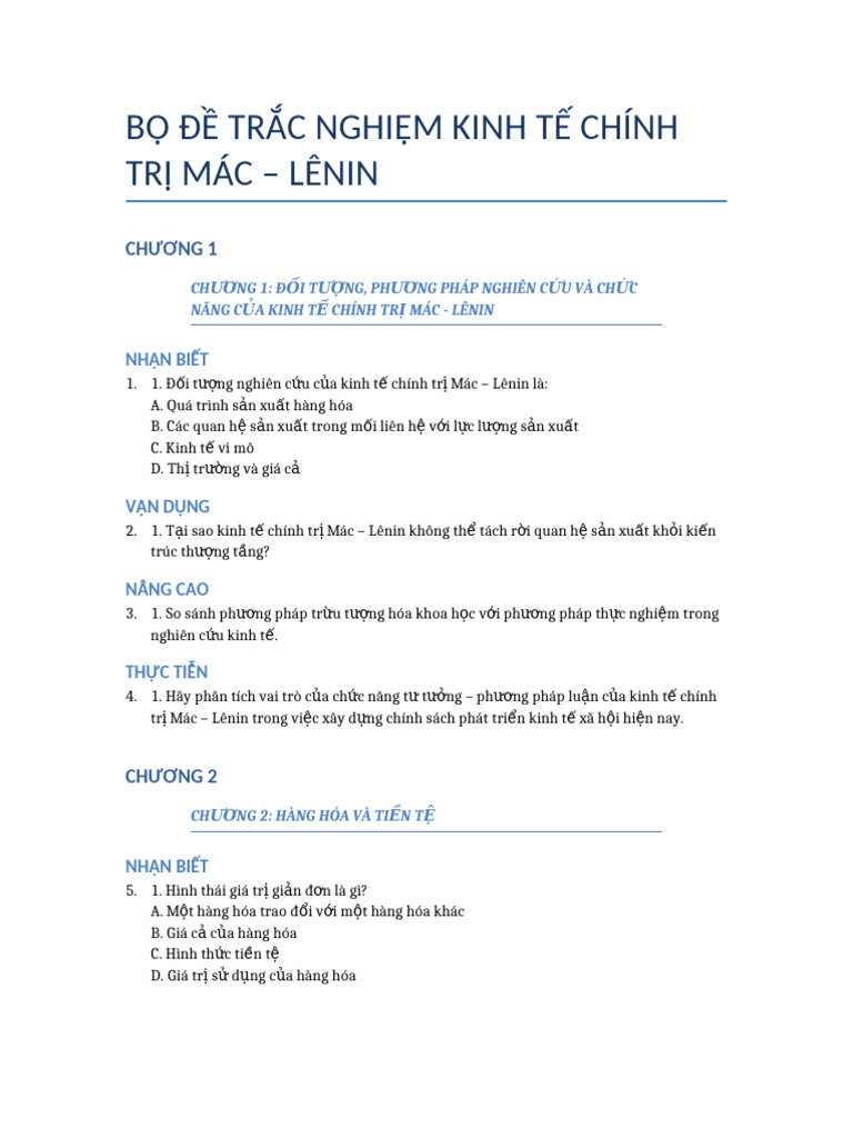 Bo de Trac Nghiem KTCT Mac Lenin Chuong 1 7 | PDF