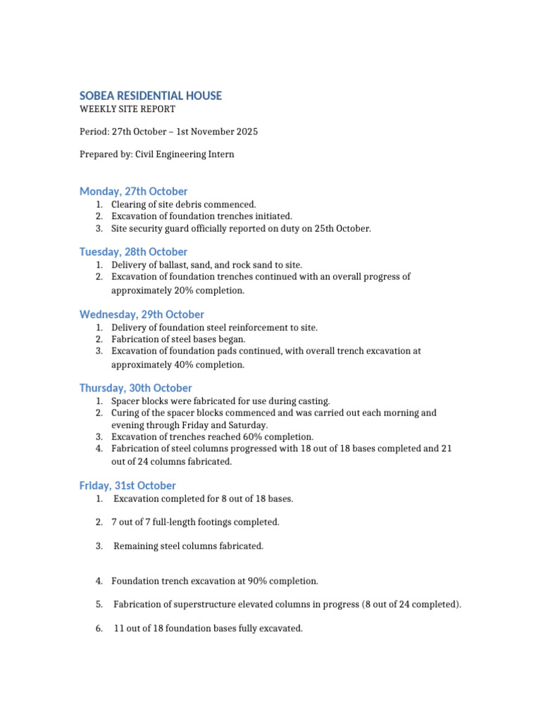Sobea - Residential House Week One Report (27oct To 1nov) | PDF
