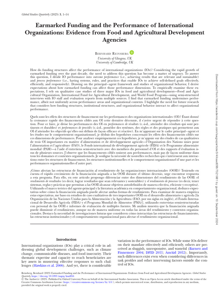 Reinsberg 2023 Earmarked Funding and The Performance of International ...