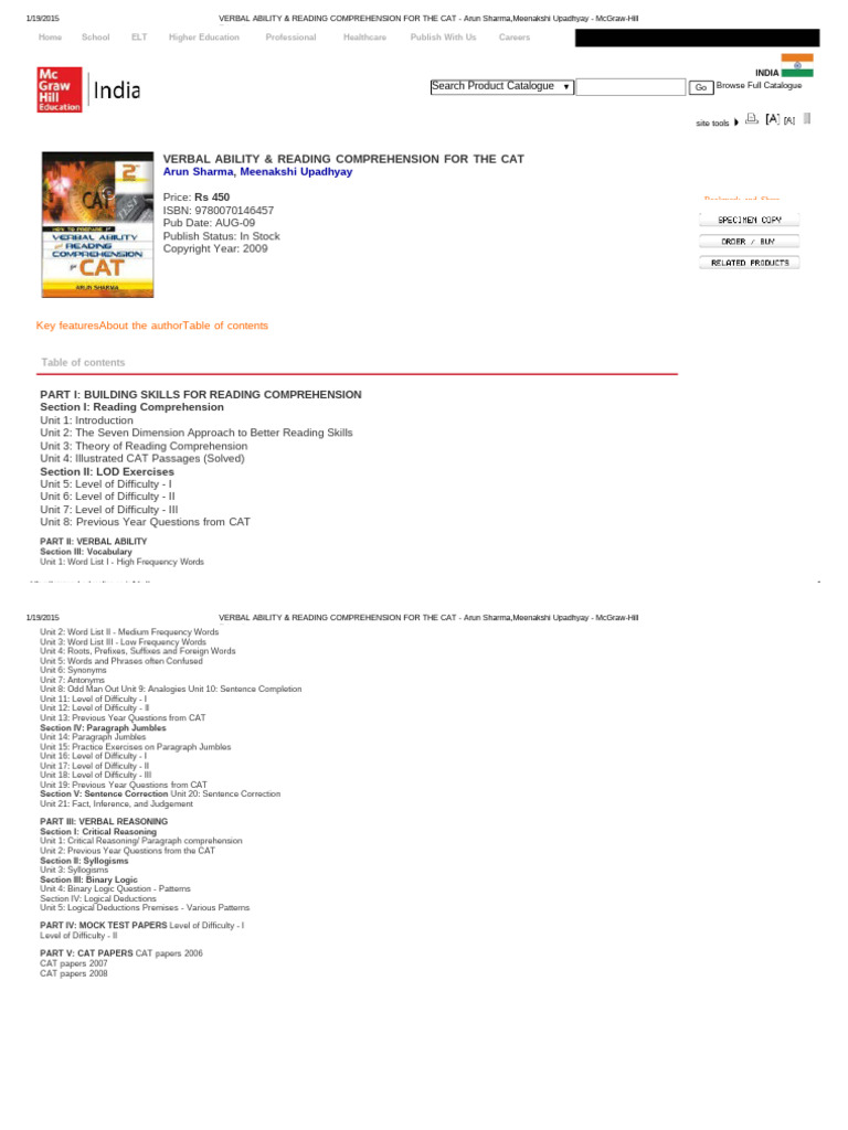 Verbal Ability Amp Reading Comprehension For The Cat Arun Sharma ...