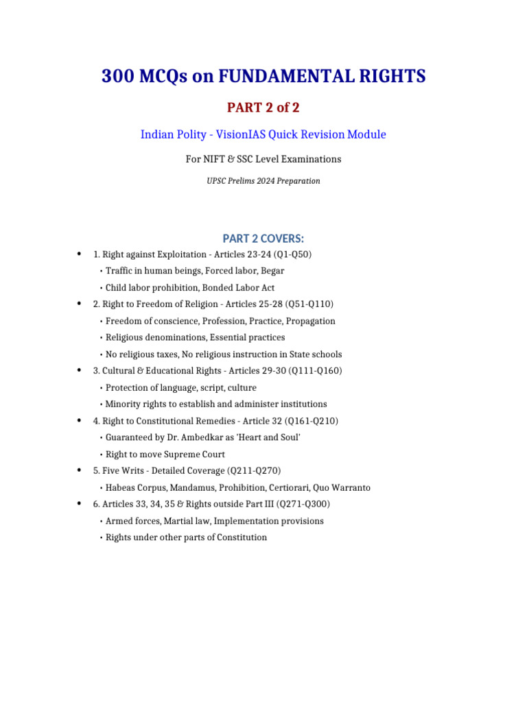 300 Fundamental Rights Part2 MCQs NIFT SSC 2 | PDF | Habeas Corpus | Legal Documents