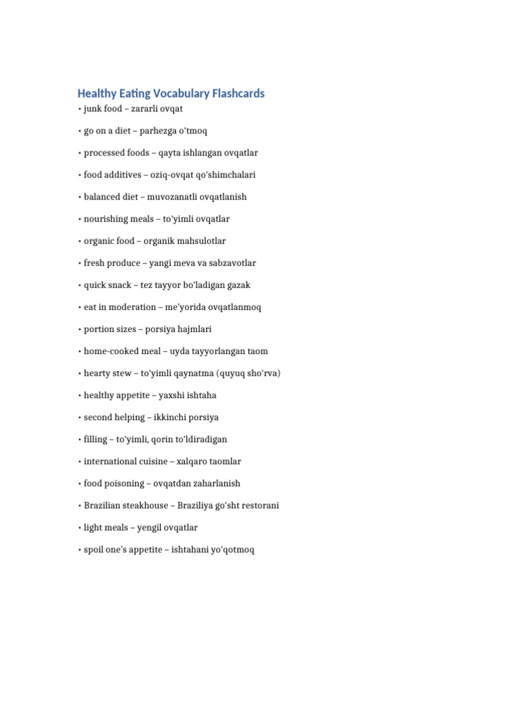 Healthy Eating Vocabulary Flashcards | PDF