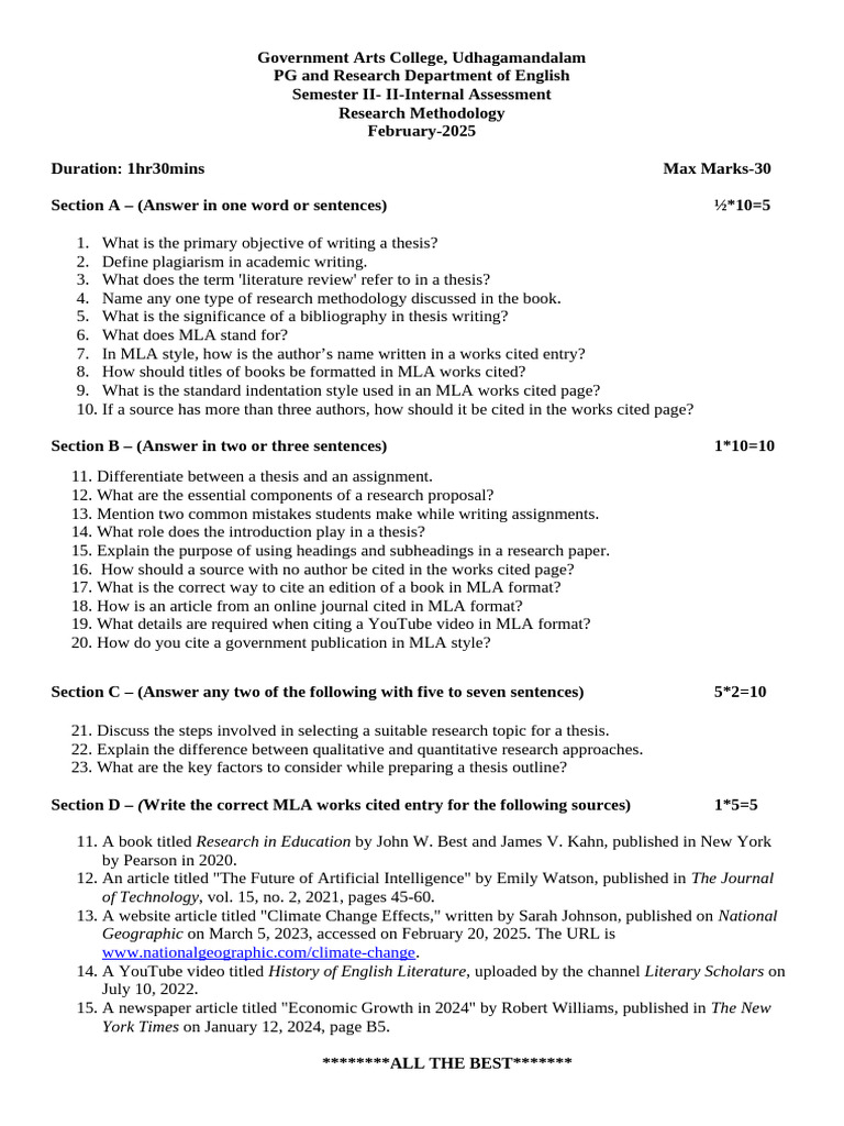 MLA Thesis Writing Assessment Guide | PDF | Quantitative Research | Thesis