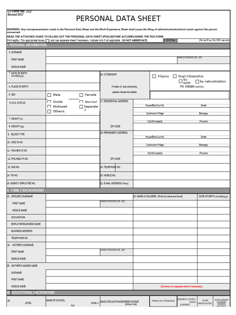 Personal Data Sheet (PDS) Guide | PDF | Passport | Government