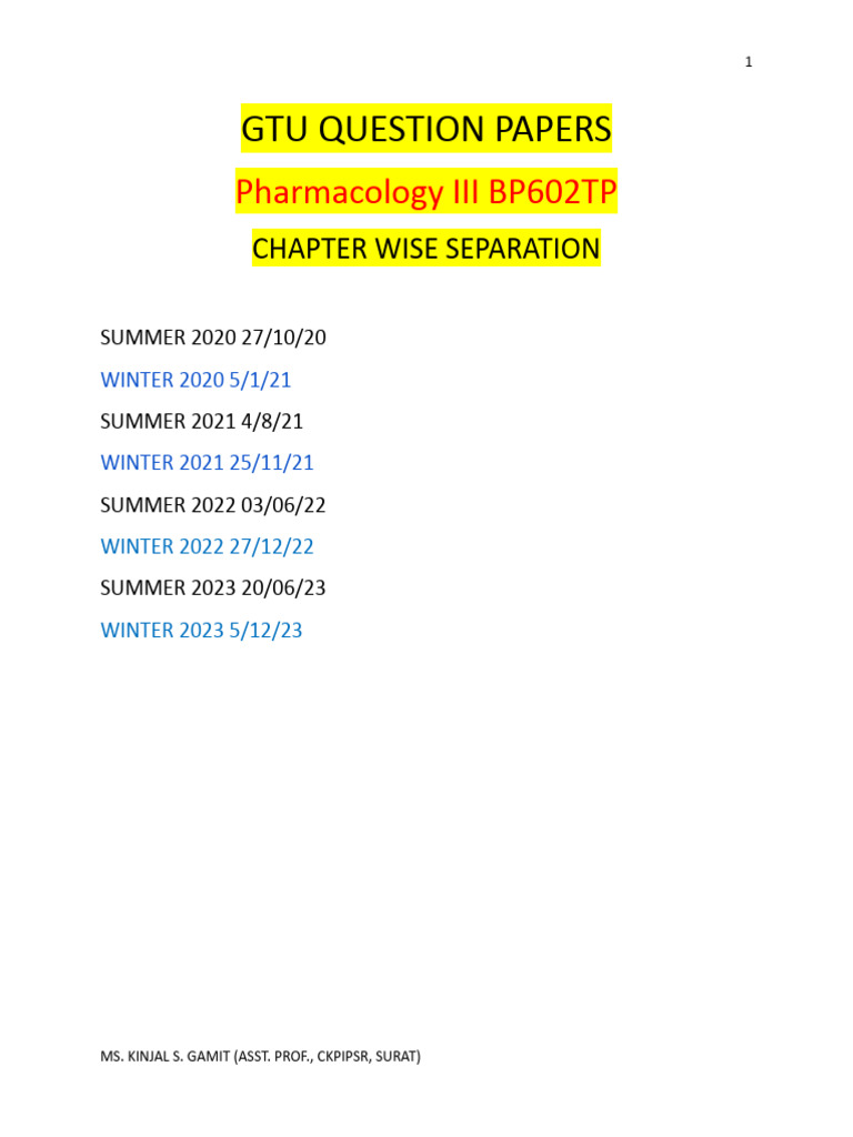 Sem 6 Pharmacology III Bp602tp Chapter Wise Separation of Gtu Question ...