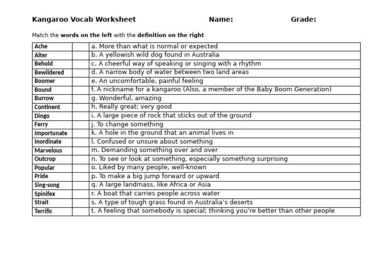 EF Kangaroo Vocab Worksheet | PDF