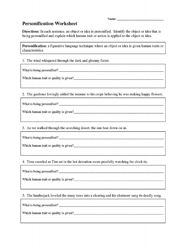 EF Personification Worksheet | PDF