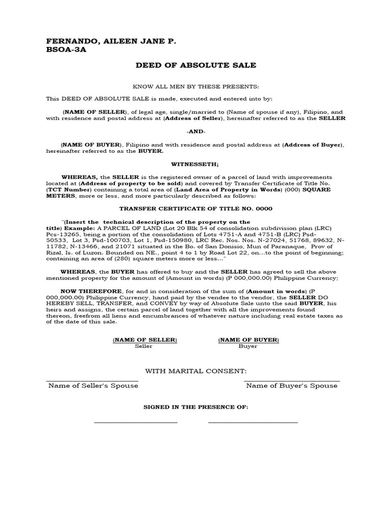 Assignment Draft-Deed-Of-Absolute-sale and Lease of Agreement | PDF | Lease | Civil Law (Common Law)