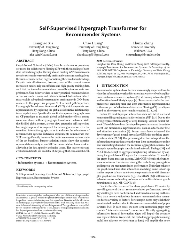 【2022 KDD】Self-Supervised Hypergraph Transformer for Recommender Systems | PDF | Machine ...