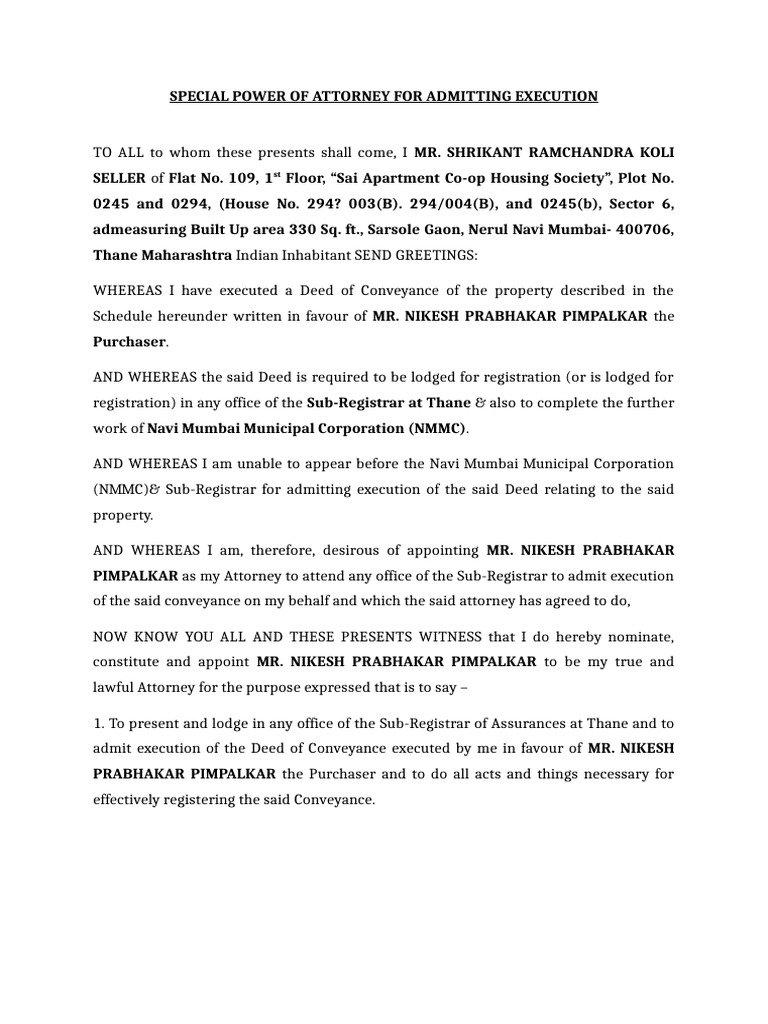 Special Power of Attorney For Admitting Execution | PDF