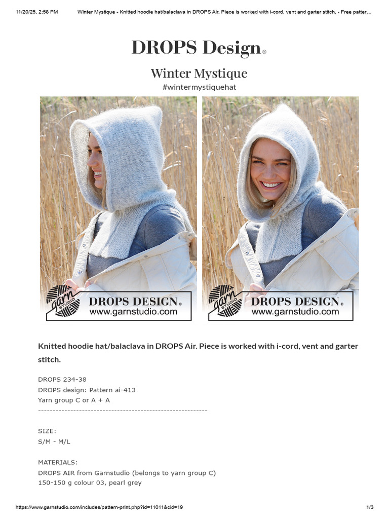 Winter Mystique - Knitted Hoodie Hat - Balaclava in DROPS Air. Piece Is ...
