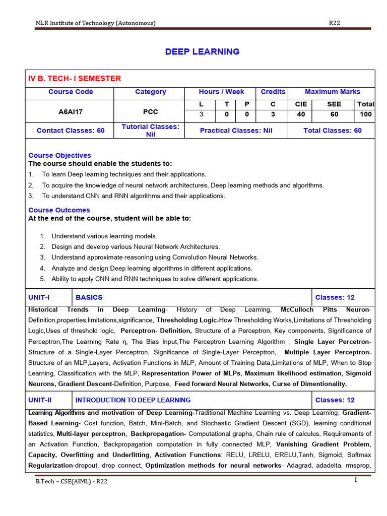 Deep Learning Micro Syllabus Pdf Deep Learning Algorithms
