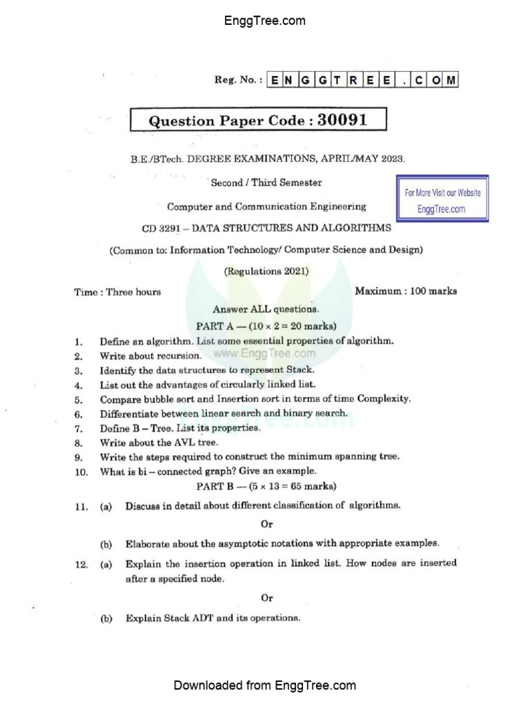 CD3291 Data Structures and Algorithms Apr May 2023 Question Paper Download | PDF