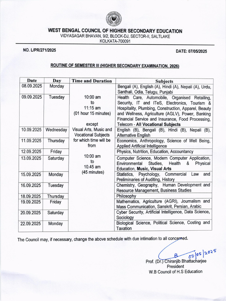 Wbchse Hs Exam Routine 2025-26 | PDF