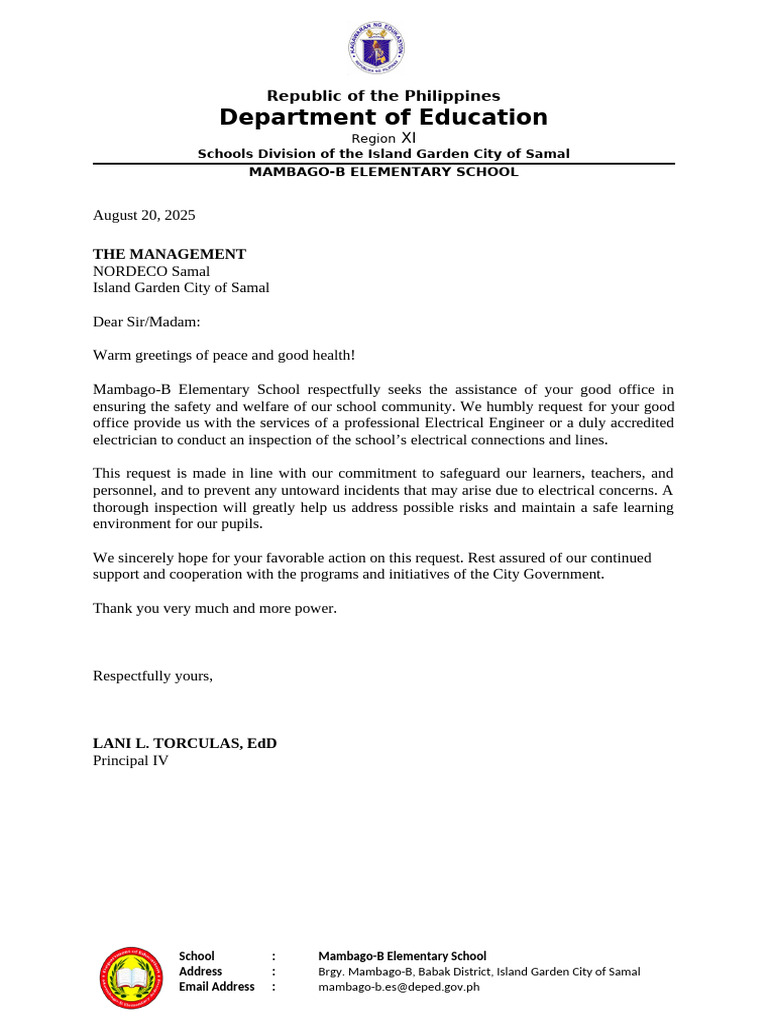 Letter To Nordeco (Electric Wirings Check) | PDF