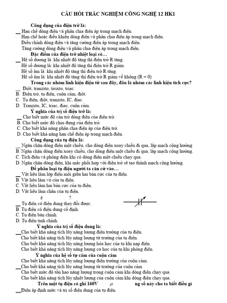 Câu Hỏi Trắc Nghiệm Công Nghệ 12 Giũa Hk1 (2) | PDF