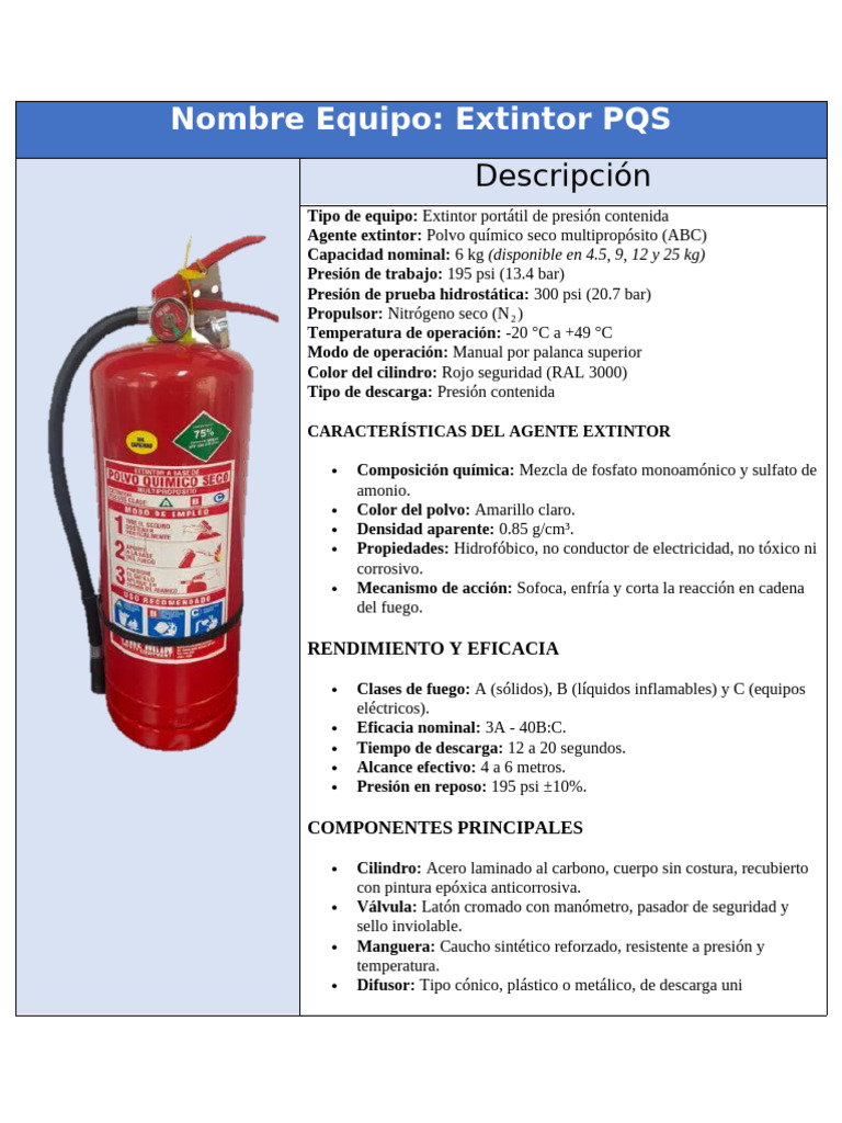 Extintor PQS: Especificaciones y Eficacia | PDF