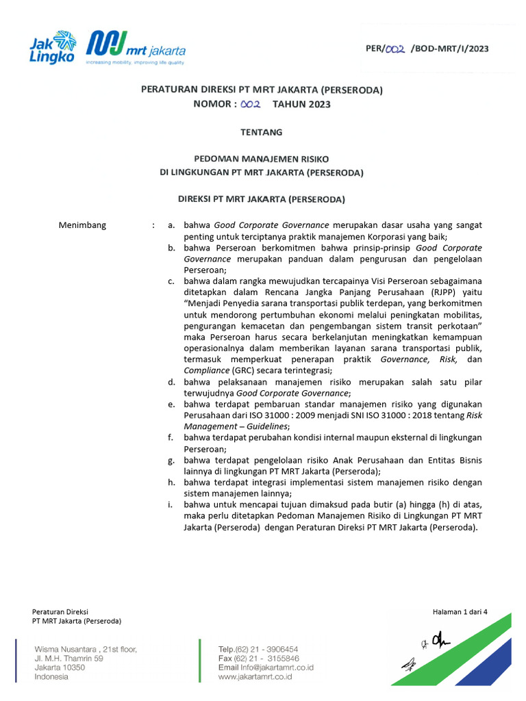 Pedoman Manajemen Risiko PT MRT 2023 | PDF