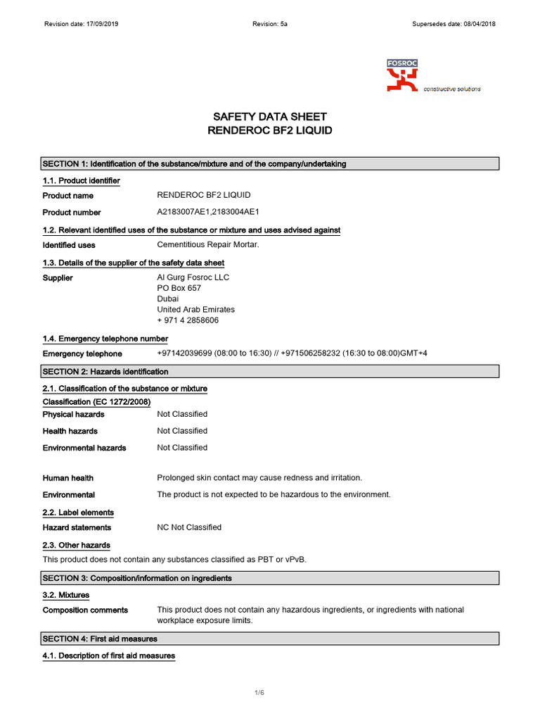 Safety Data Sheet for Renderoc BF2 Liquid | PDF | Dangerous Goods ...