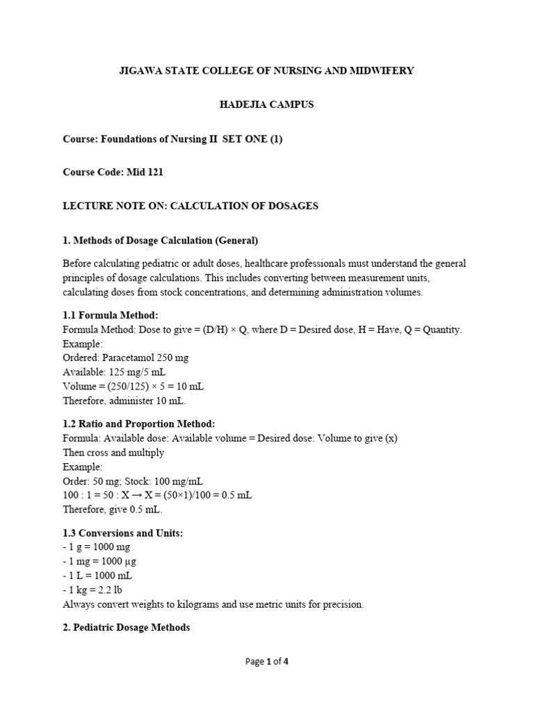 Dosage Calculation Methods for Nursing | PDF | Dose (Biochemistry ...