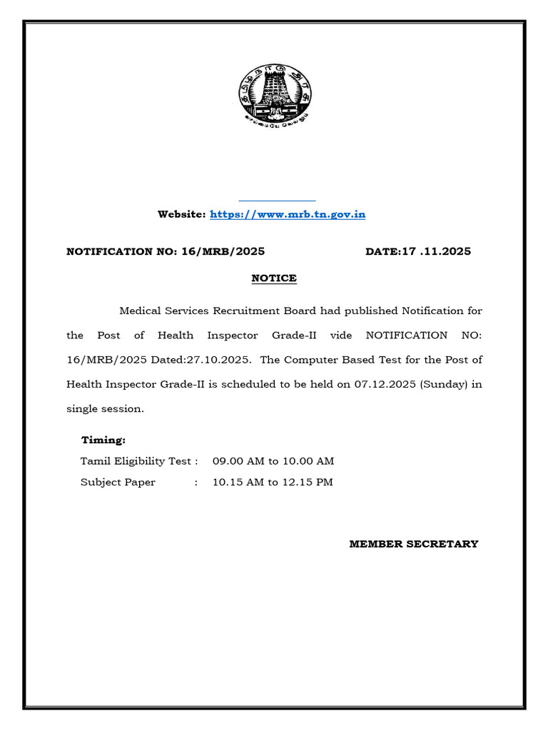 Health Inspector Grade-II Exam Notice | PDF