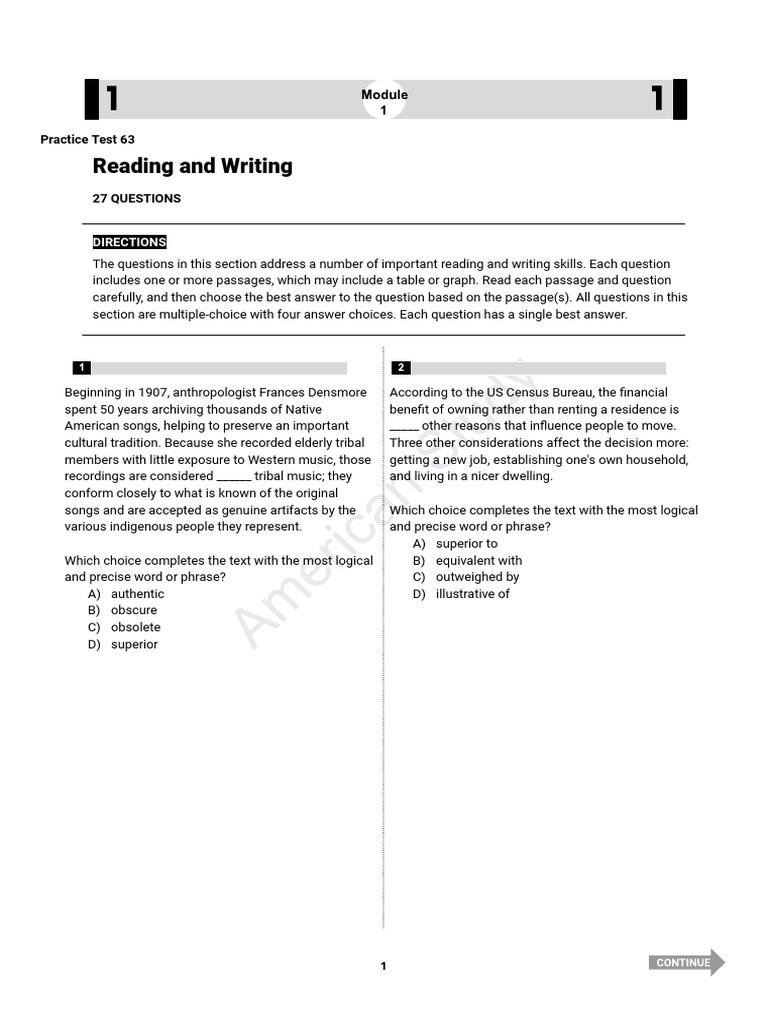 American Study Practice Test 63: Reading & Writing | PDF