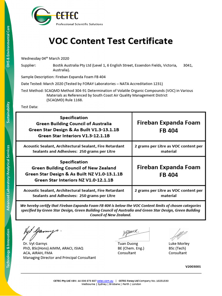 Testcert Voc Content Bostik Australia Bostik Fireban Expanda Foam FB ...