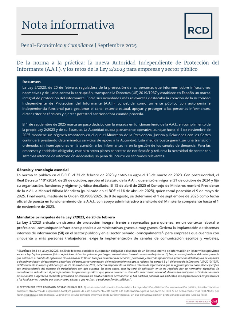 RCD_Nota_Informativa_La_nueva_Autoridad_Independiente_de_Proteccinin_del_Informante | PDF ...