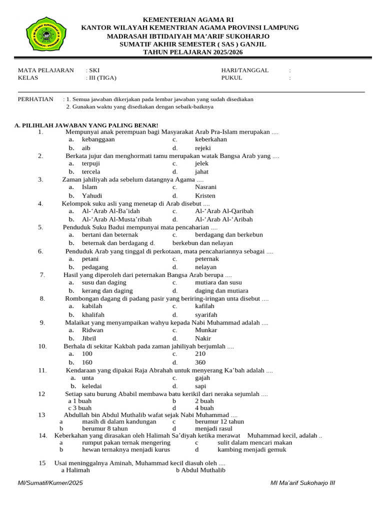 PAS SKI KELAS 3 FIX | PDF