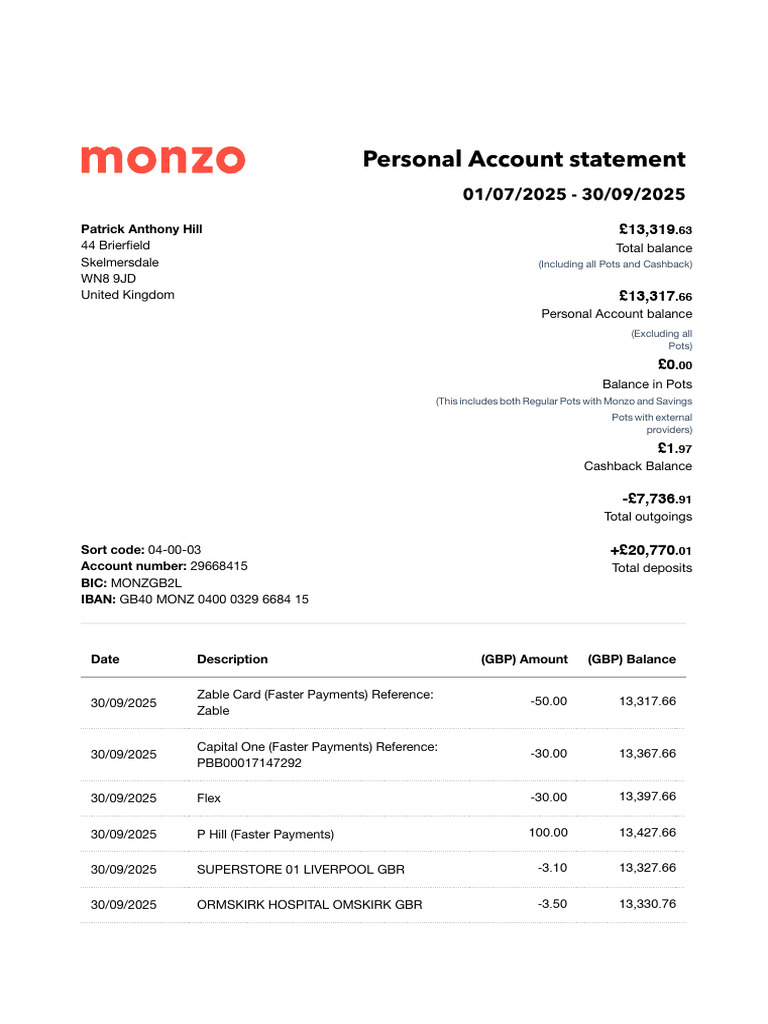 Monzo - Bank - Statement - 2025 07 01 2025 09 30 - 4474 1 | PDF ...