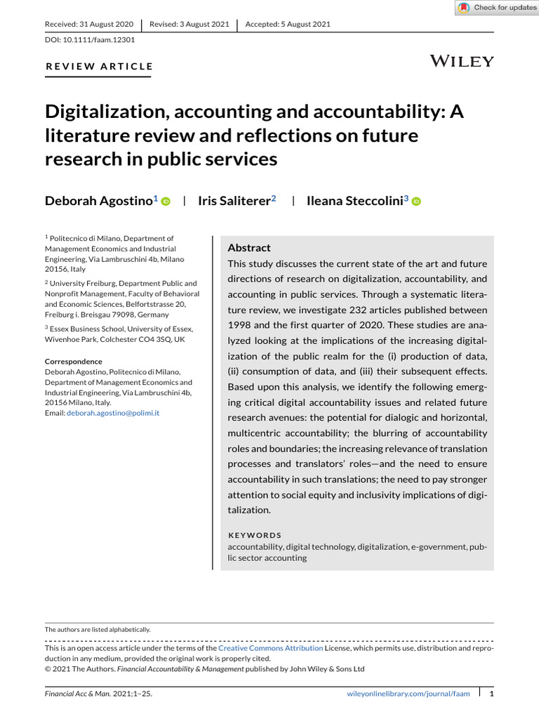 Digitalization Accounting and Accountability A Lit | PDF ...